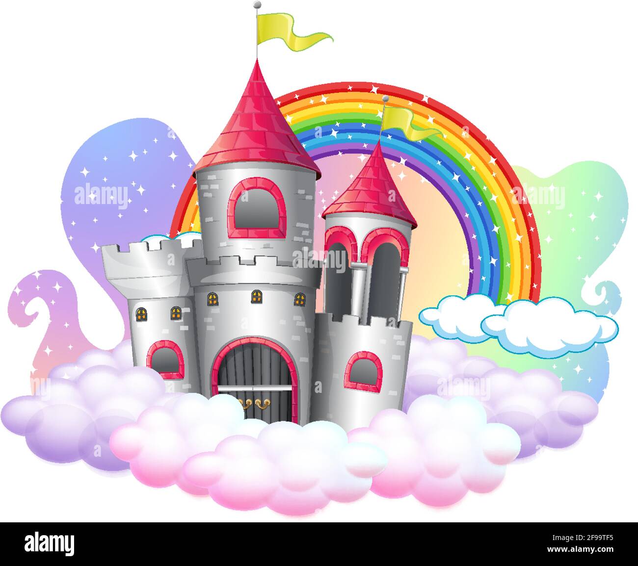 Castle with rainbow on the cloud isolated on white background ...