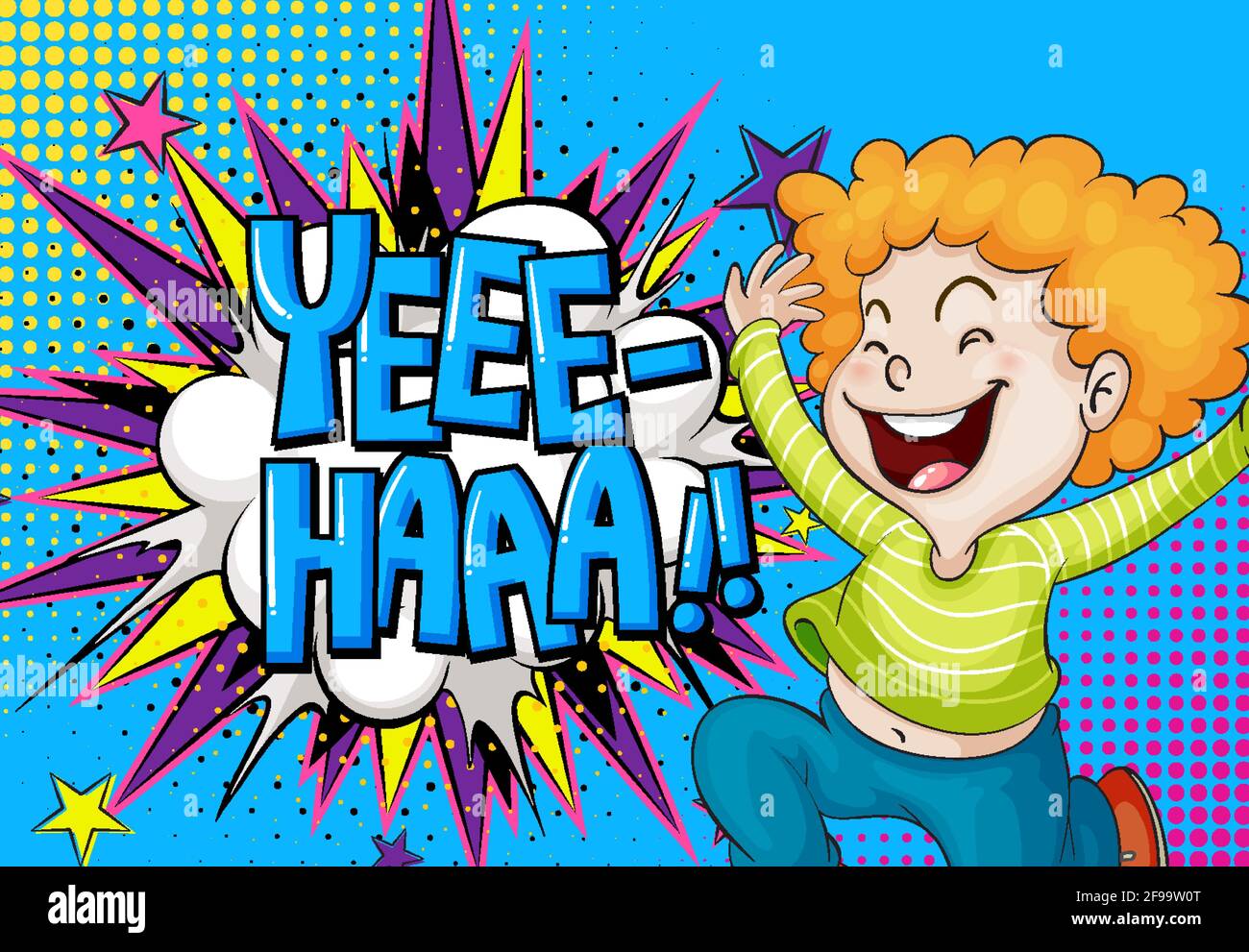 Yeee-haa word on explosion background with boy cartoon character ...