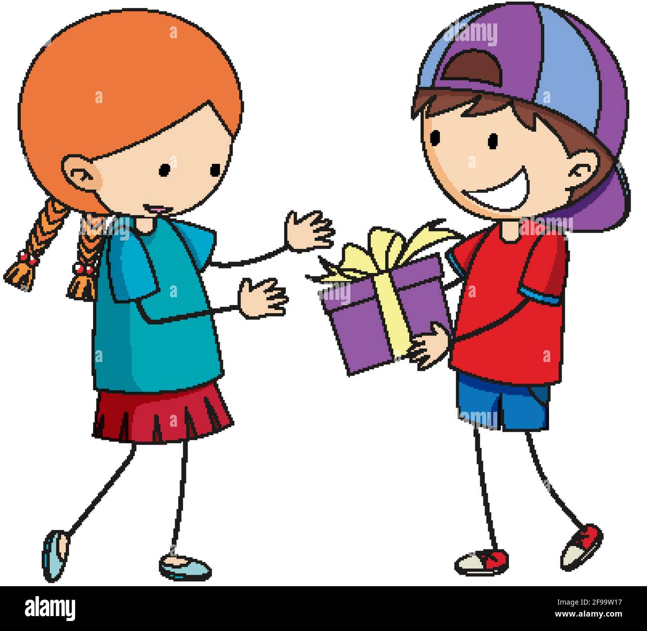 Boy giving a gift to a cute girl cartoon character in hand drawn doodle ...