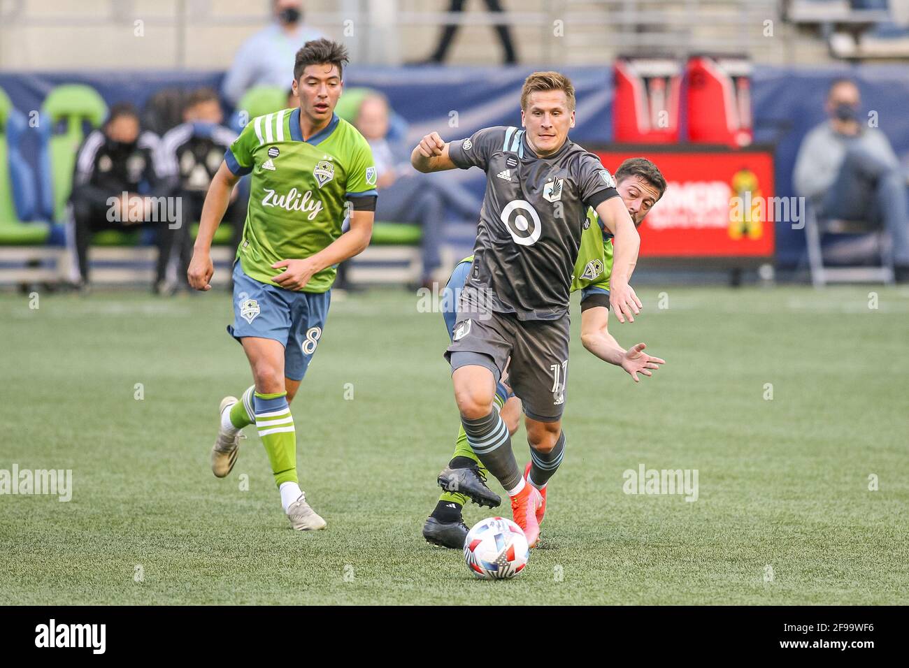 during the first half of an MLS match at Lumen Field, Friday, April 16 ...