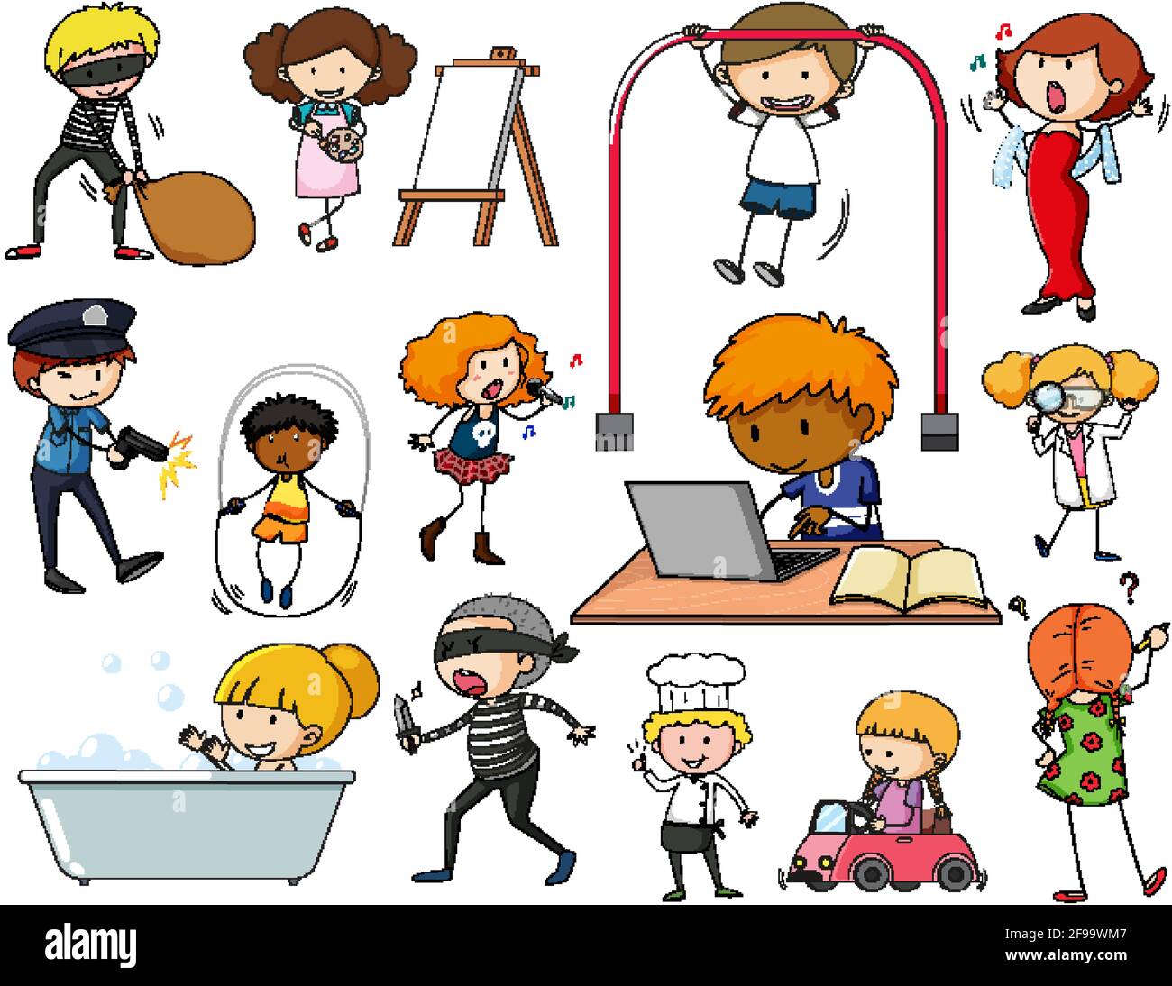 Set of different doodle kids cartoon character illustration Stock ...