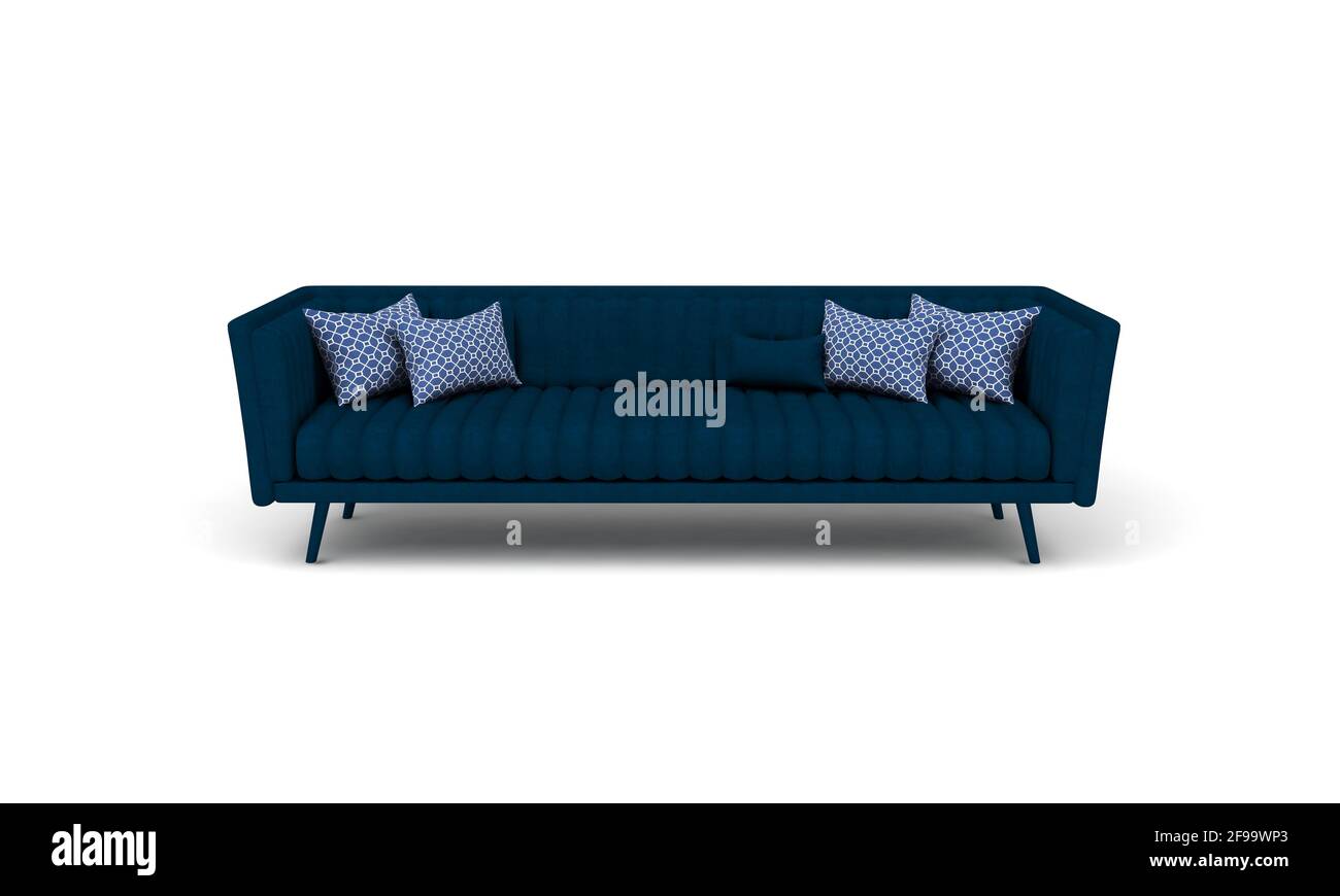 3D rendered modern blue three-seater sofa on a white background Stock ...