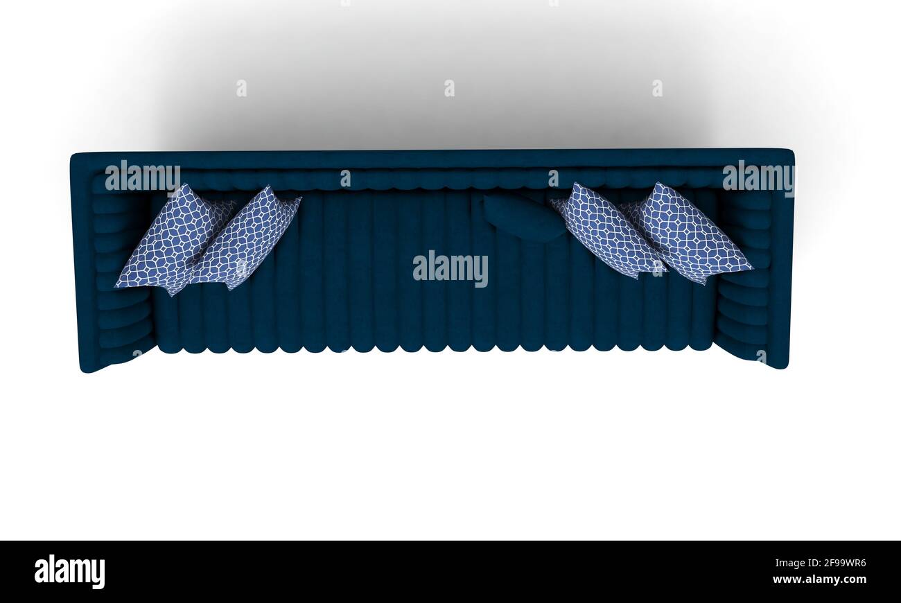 Top view of a 3D rendered modern blue three-seater sofa on a white ...