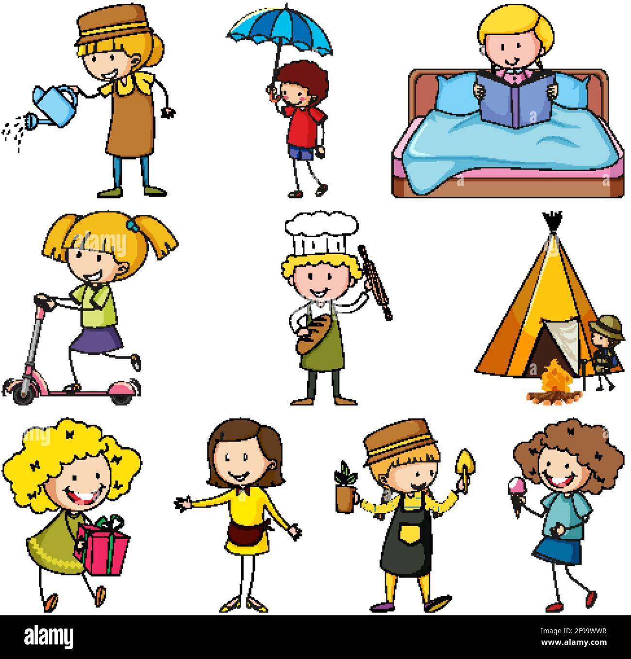 Set of different doodle kids cartoon character illustration Stock ...