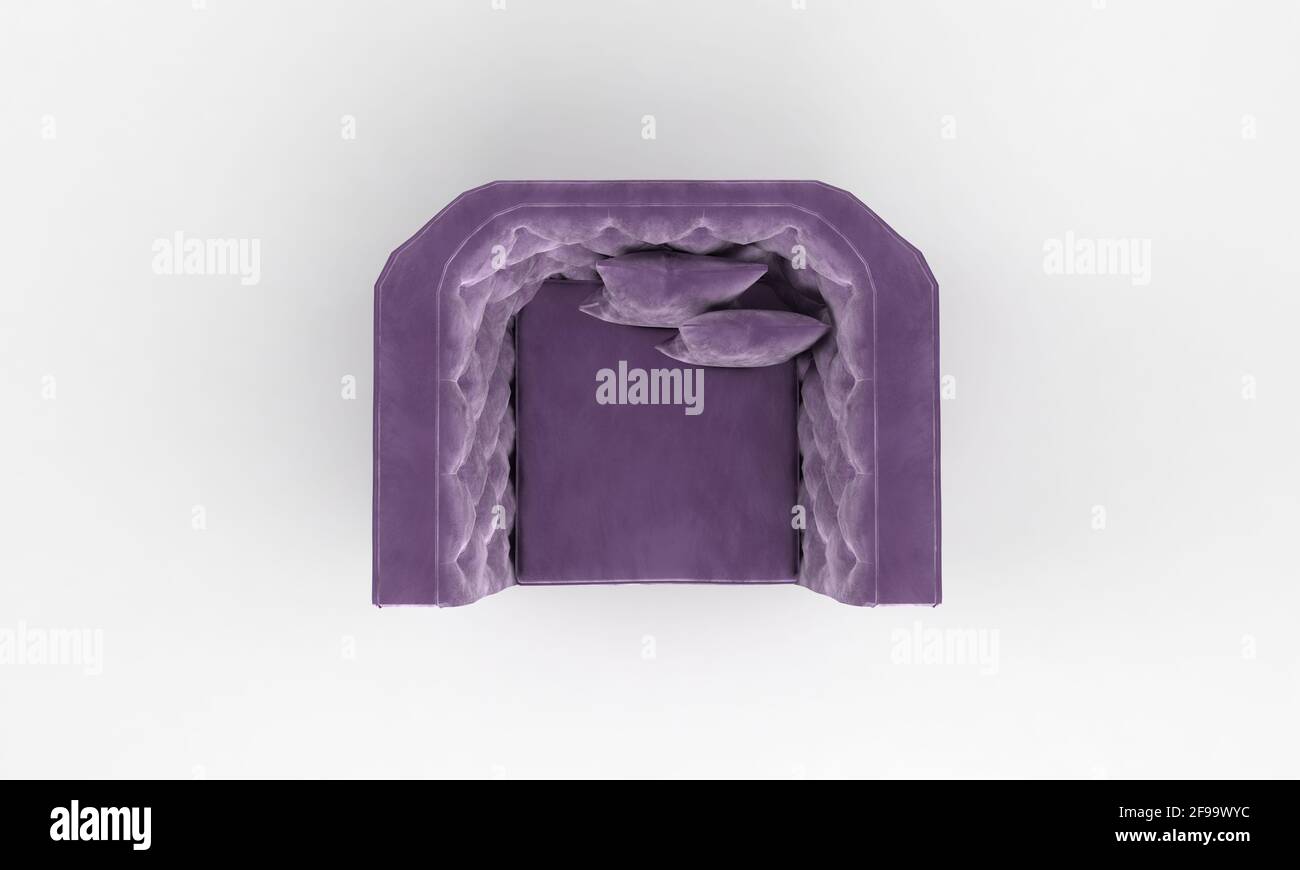 Top view of a 3D rendered modern purple armchair on a white background ...