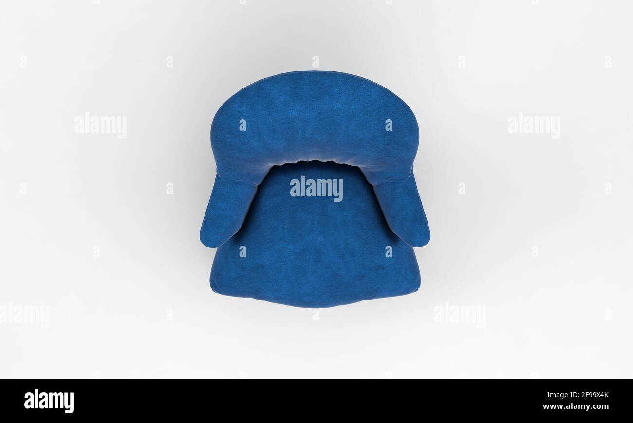 Top view of a 3D rendered modern blue armchair on a white background ...