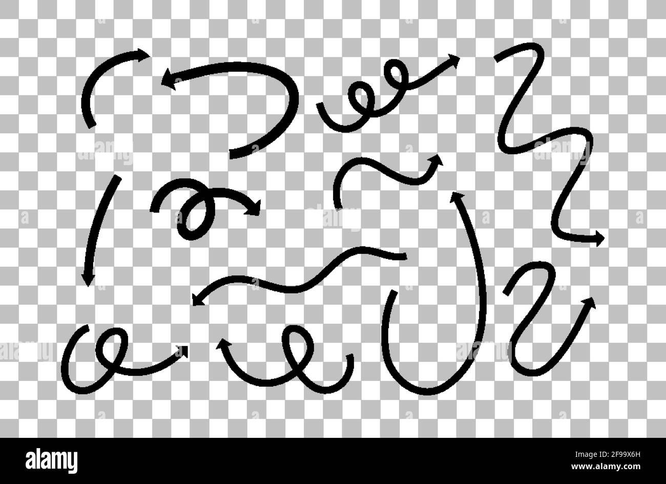 Different types of black hand drawn curved arrows on transparent ...