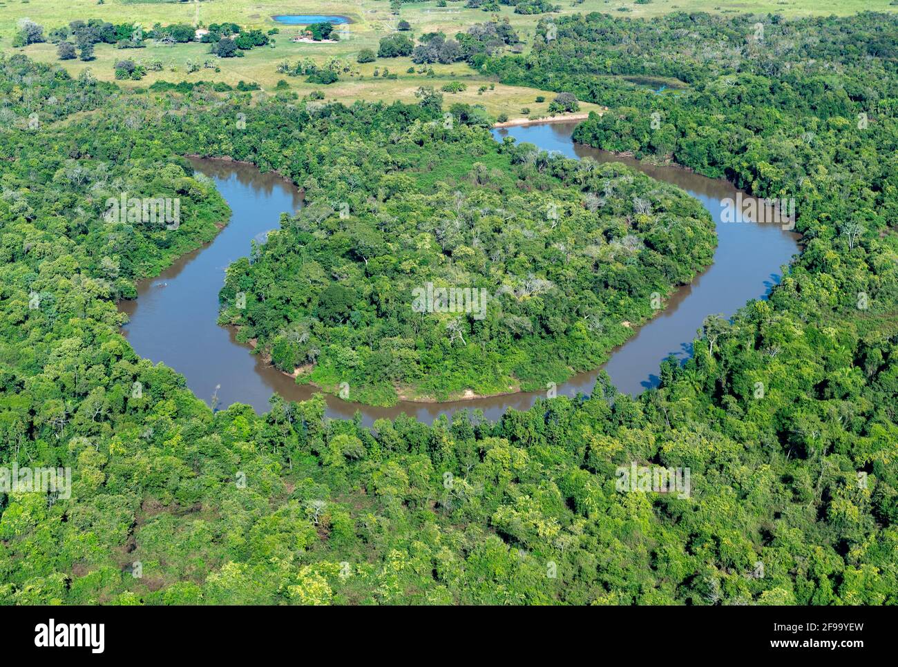 Aerial view of a river in South Pantanal with clouds reflected in the ...