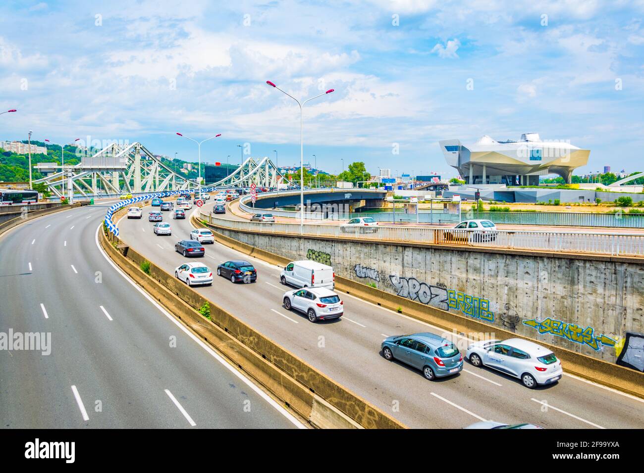 LYON, FRANCE, JULY 22, 2017: Traffic near the Confluence museum in Lyon ...