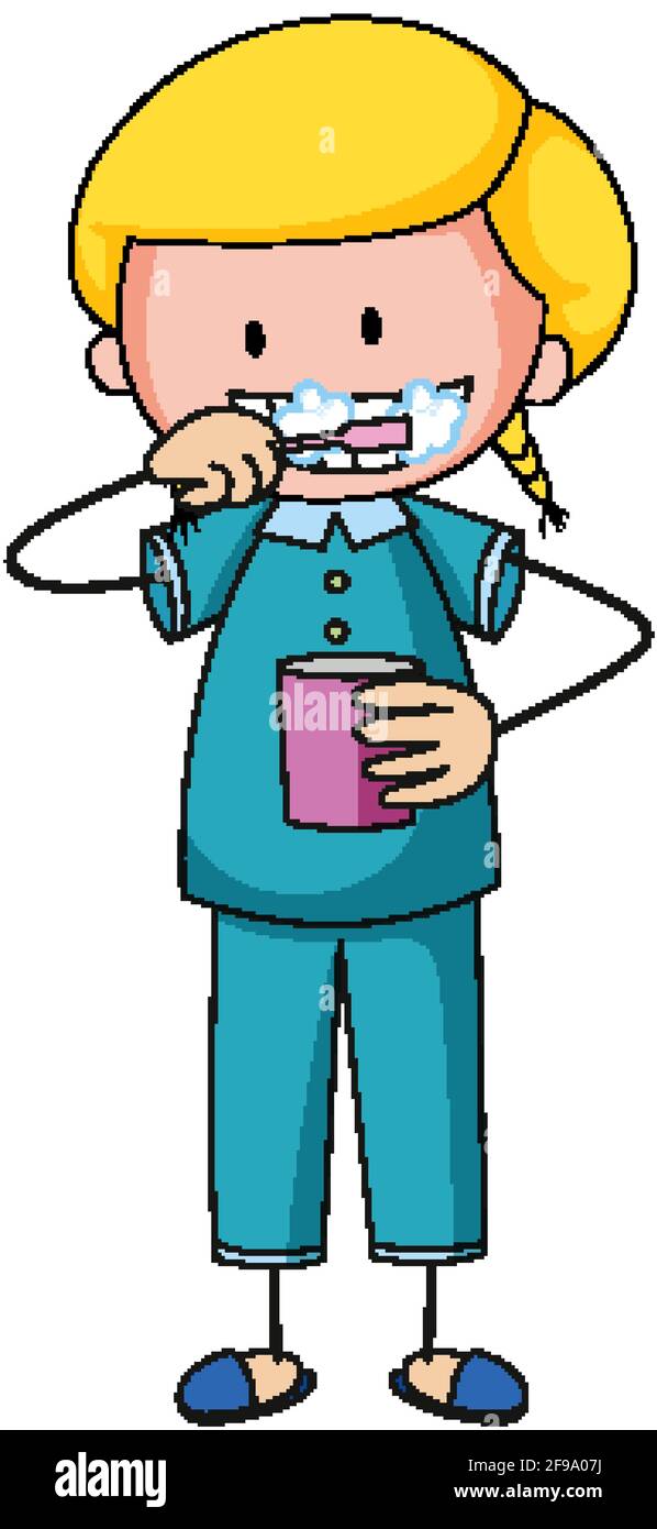 Little girl brushing teeth doodle cartoon character isolated ...