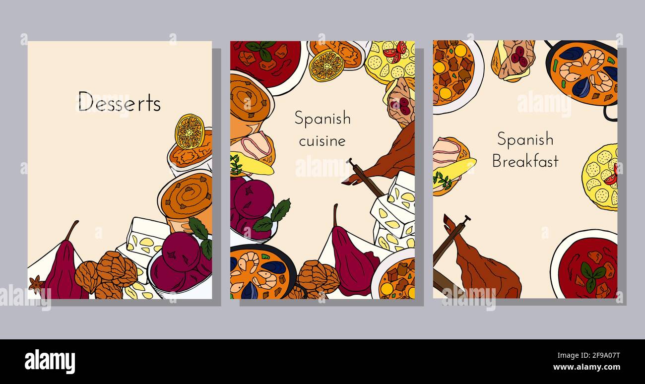 Hand-drawn poster set with traditional Spanish cuisine dish and ...