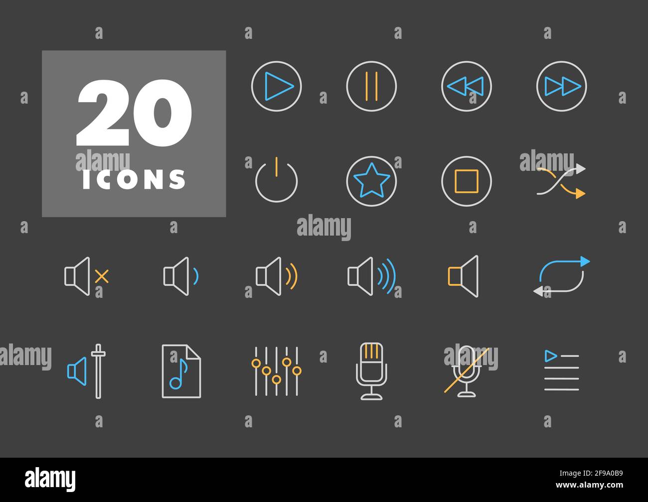Multimedia user interface flat vector icons set on dark background ...