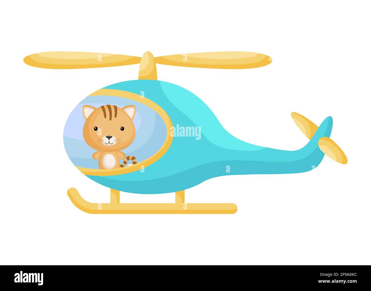 Cute little cat pilot in turquoise helicopter. Cartoon character for ...