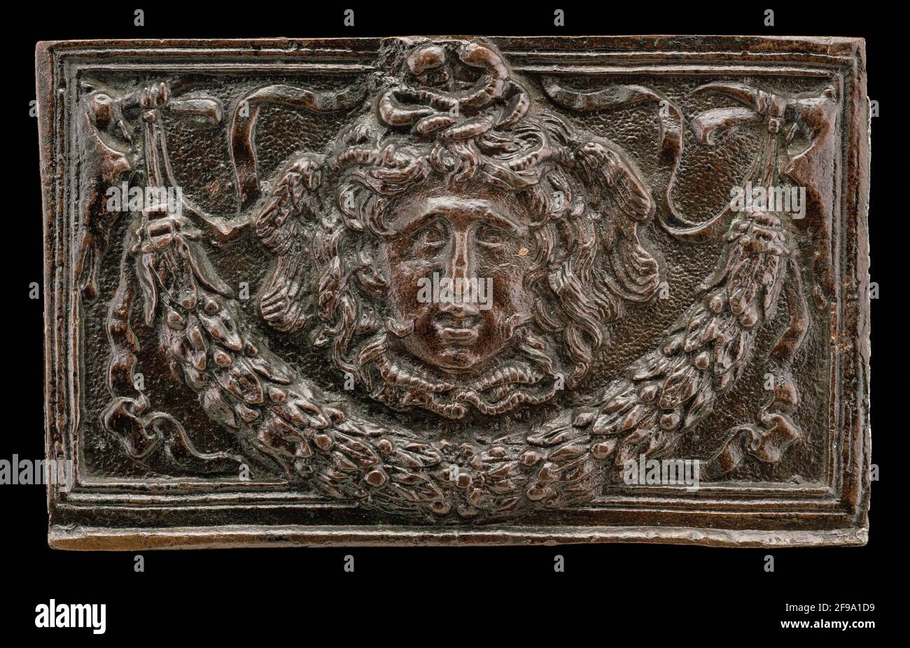 End panel of a writing casket: Medusa Head, Garland, and Bucrania, c ...