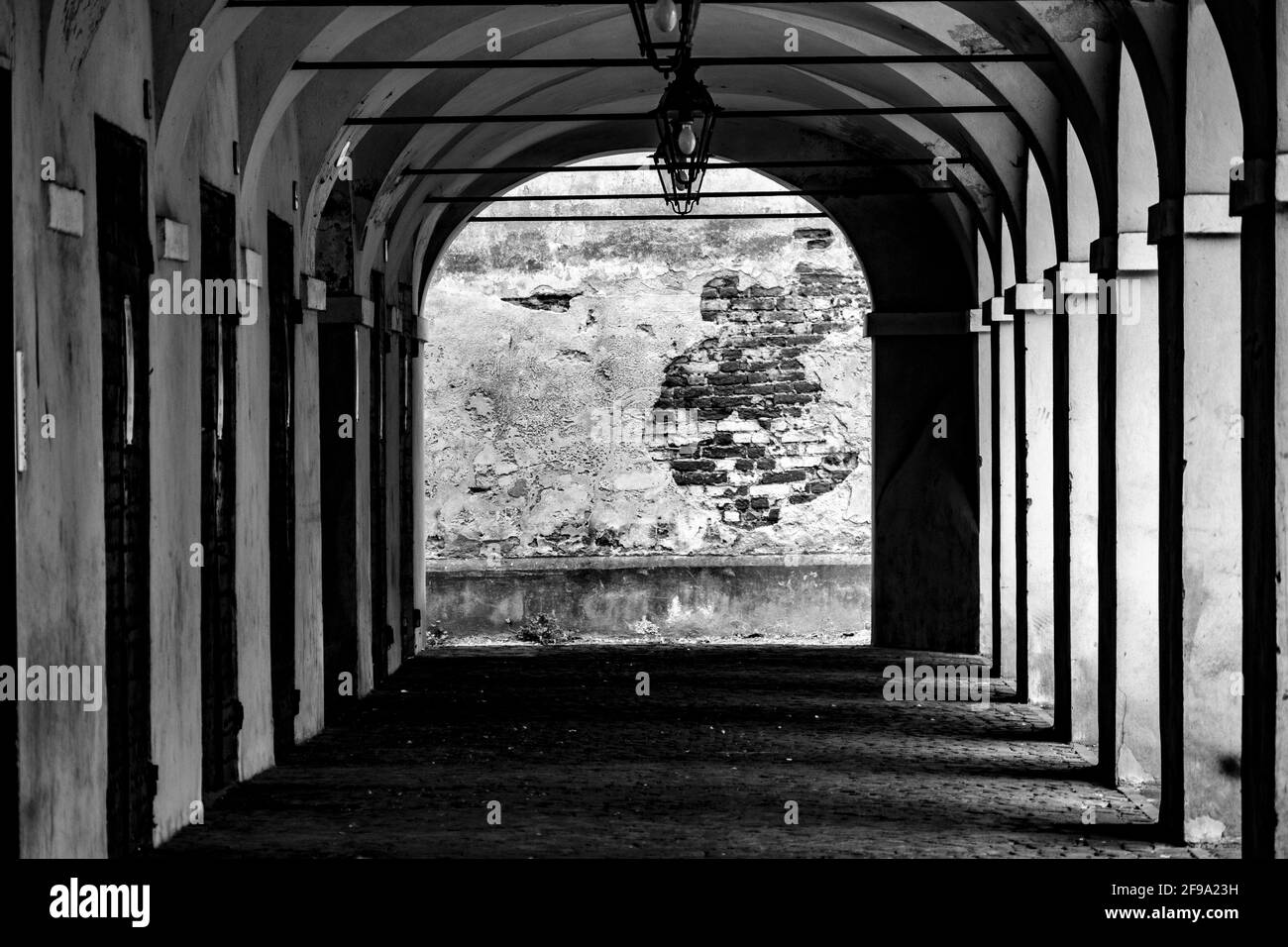 Grayscale of a beautiful arched corridor with columns Stock Photo - Alamy