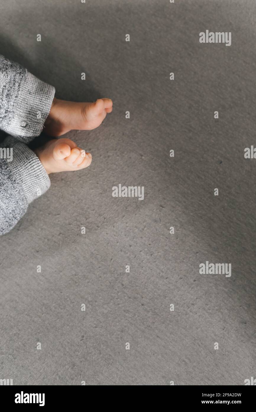 Photo of Little feet of newborn baby with copy space on gray background ...