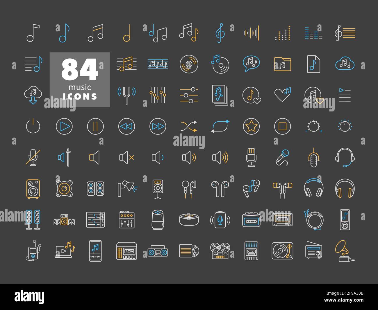 Music vector flat icon set on dark background. Graph symbol for music ...