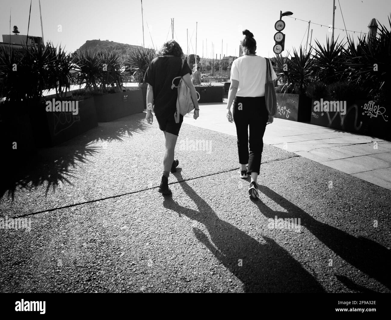 rear, view, two, women, walking, street, city, summer, clothes, woman ...