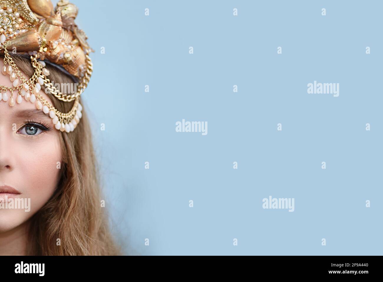 Crop portrait of fantasy woman real mermaid with trident myth goddess ...