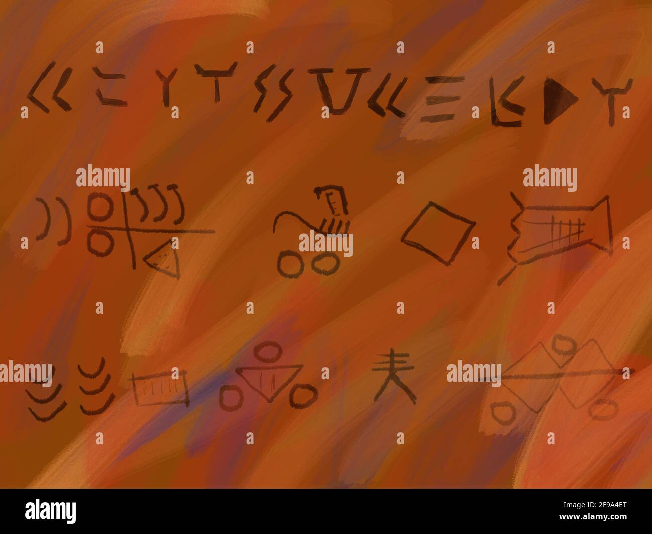 Undecipherable alien like ancient writing on a clay colored background ...