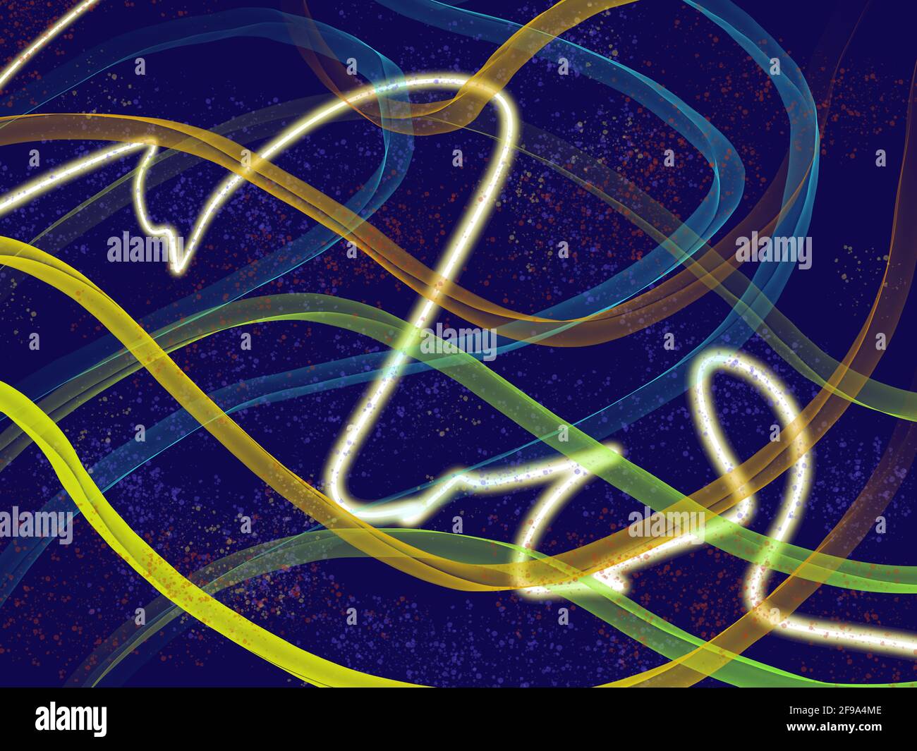 A glowing line flows around multiple tangled colorful ribbons on a dark ...