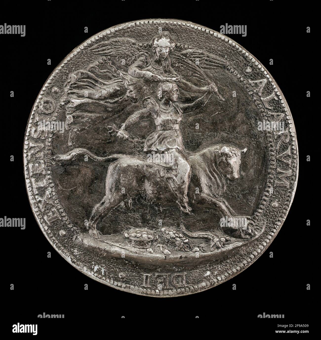 Angel Adorning a Female Figure Riding on a Bull [reverse] Stock Photo ...