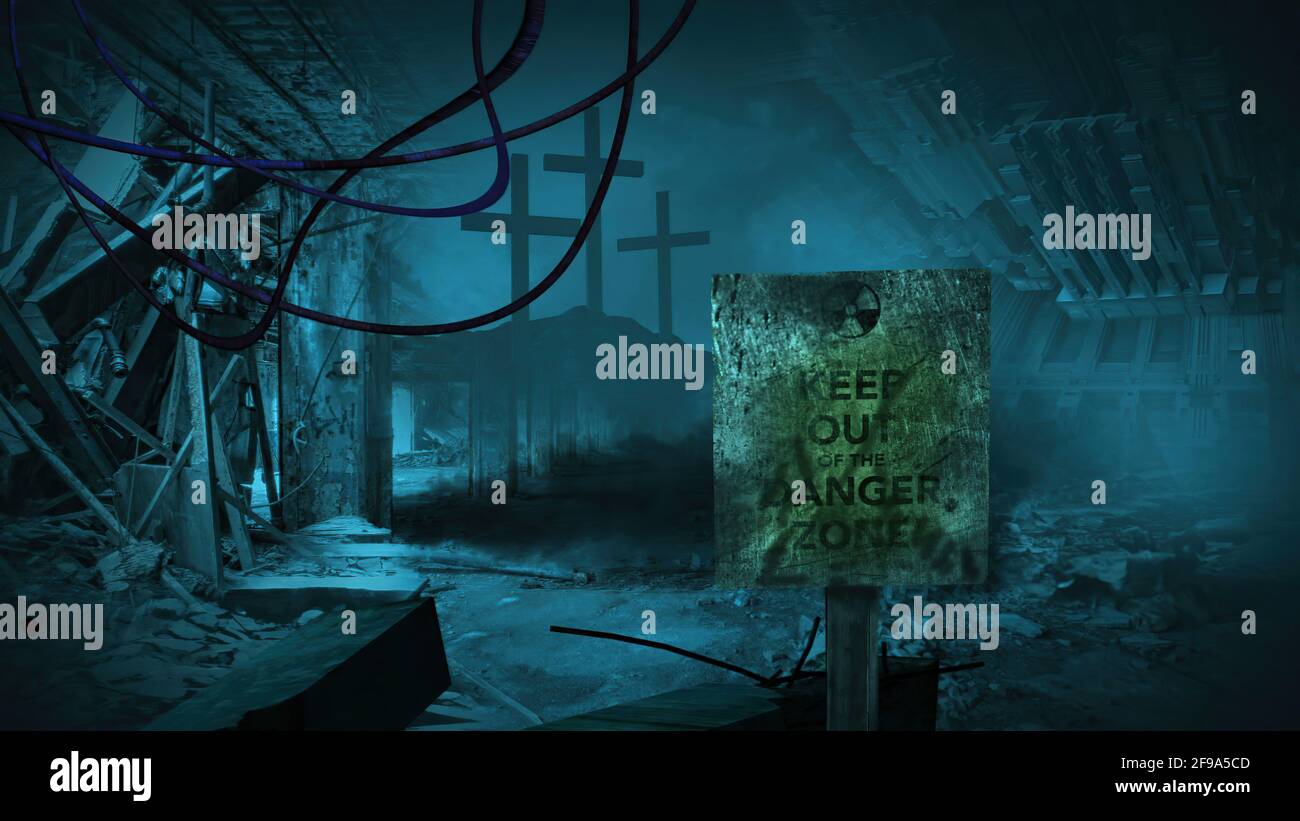 3D illustration of sign Danger zone - Post apocalyptic scene Stock ...