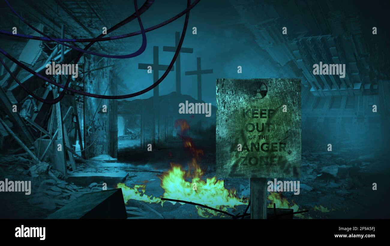 3D illustration of sign Danger zone - Post apocalyptic scene Stock ...