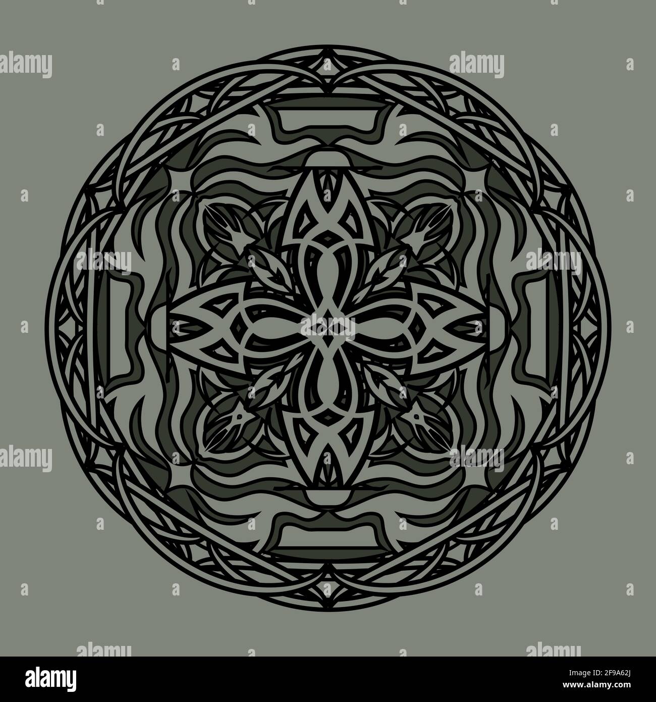 abstract gothic circle mandala in medieval style on grey-green ...