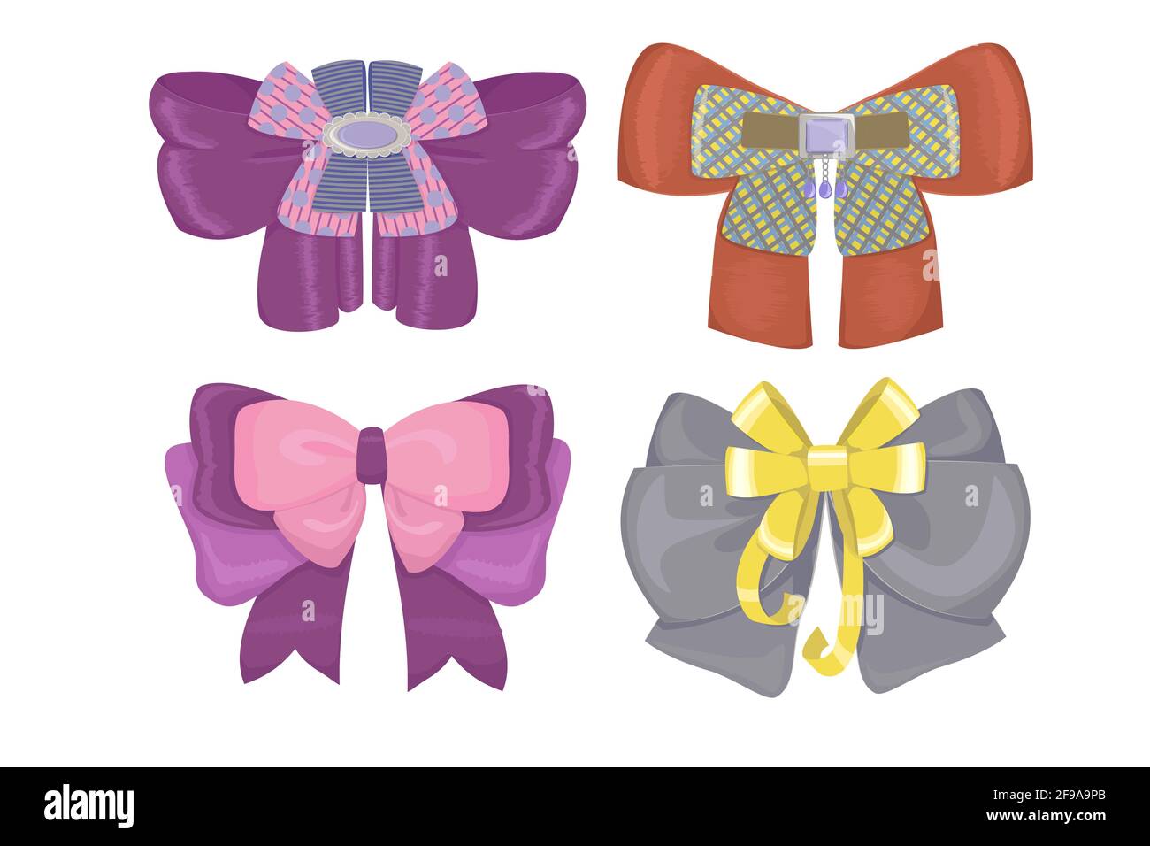 A set of decorative bows of various colors, textures and designs. A ...