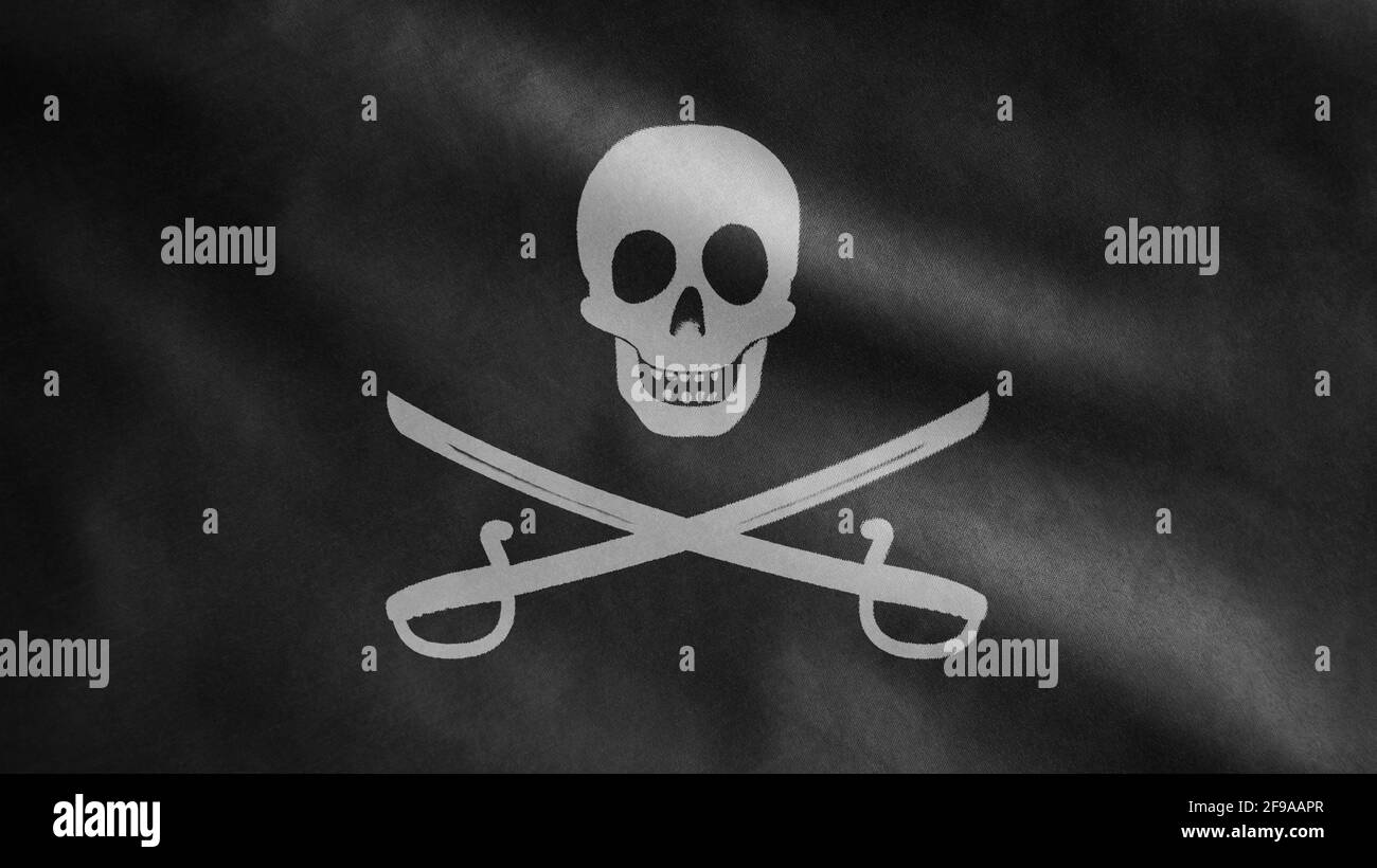 3D, fabric texture of the pirate skull with sabers flag waving in wind ...