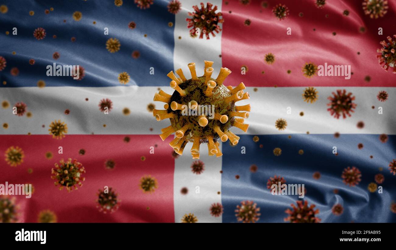 3D, Flu coronavirus floating over Dominicana flag, a pathogen that ...