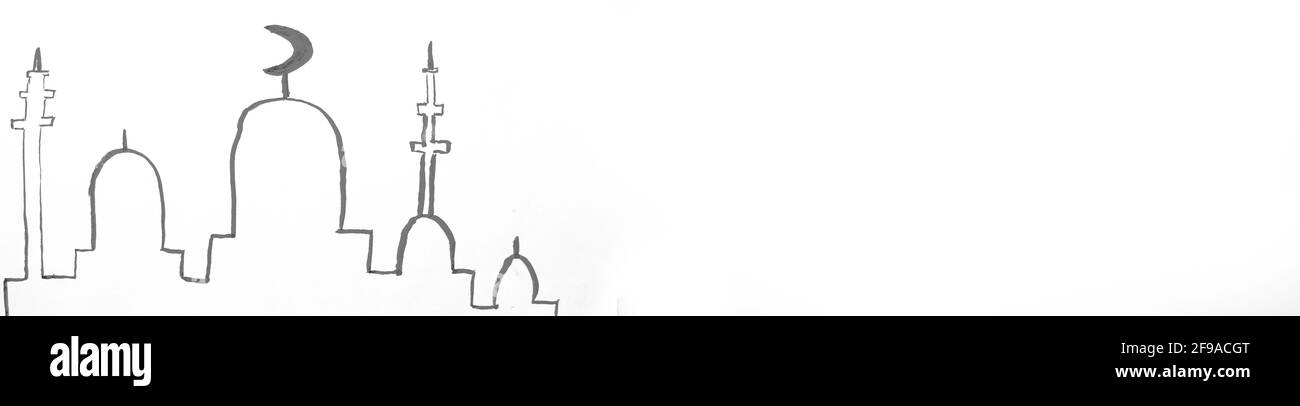 Black and white handmade watercolor drawing silhouette of mosque ...