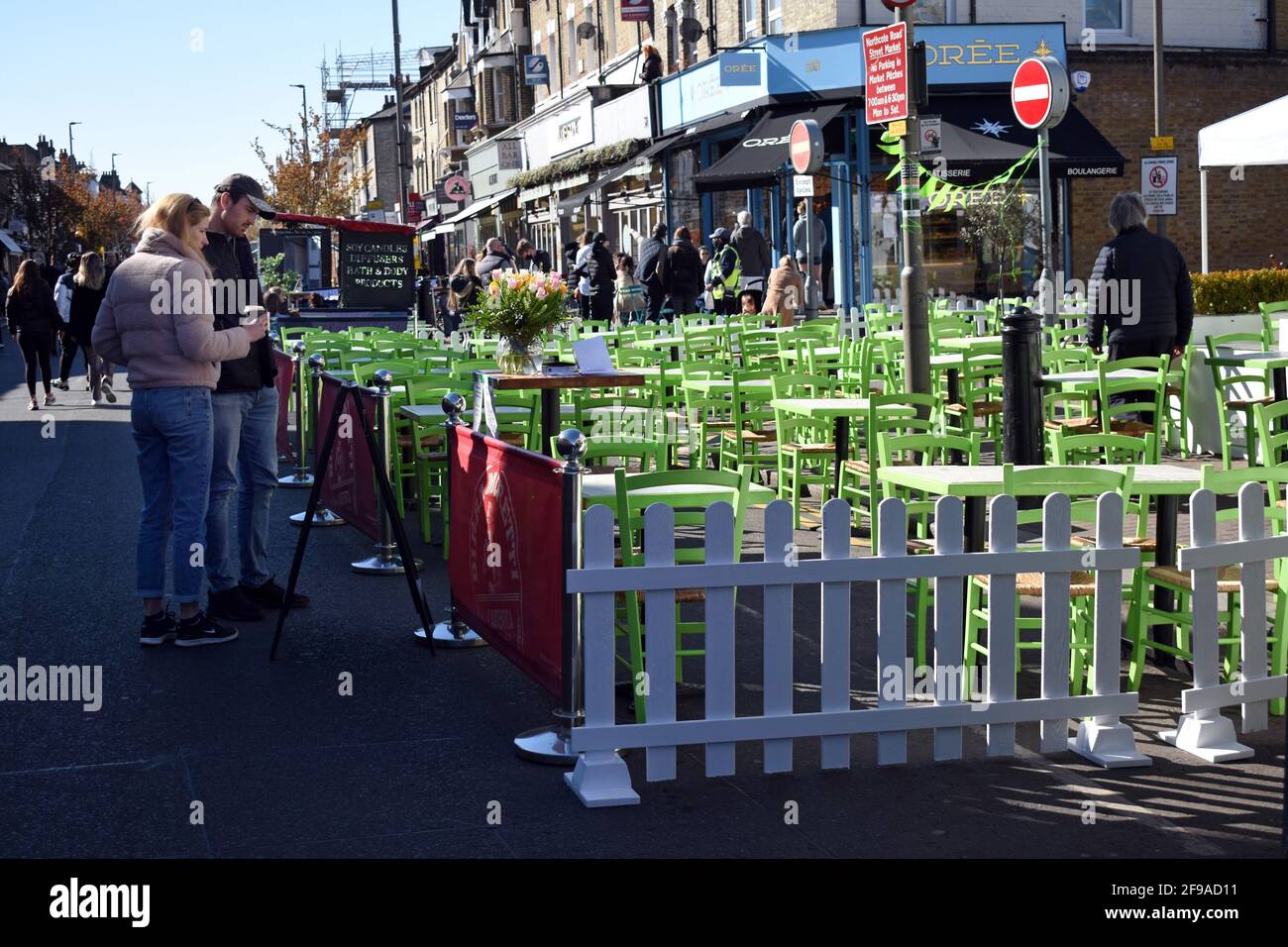 London, UK, 17 April 2021 Northcote road pedestrianised to allow ...