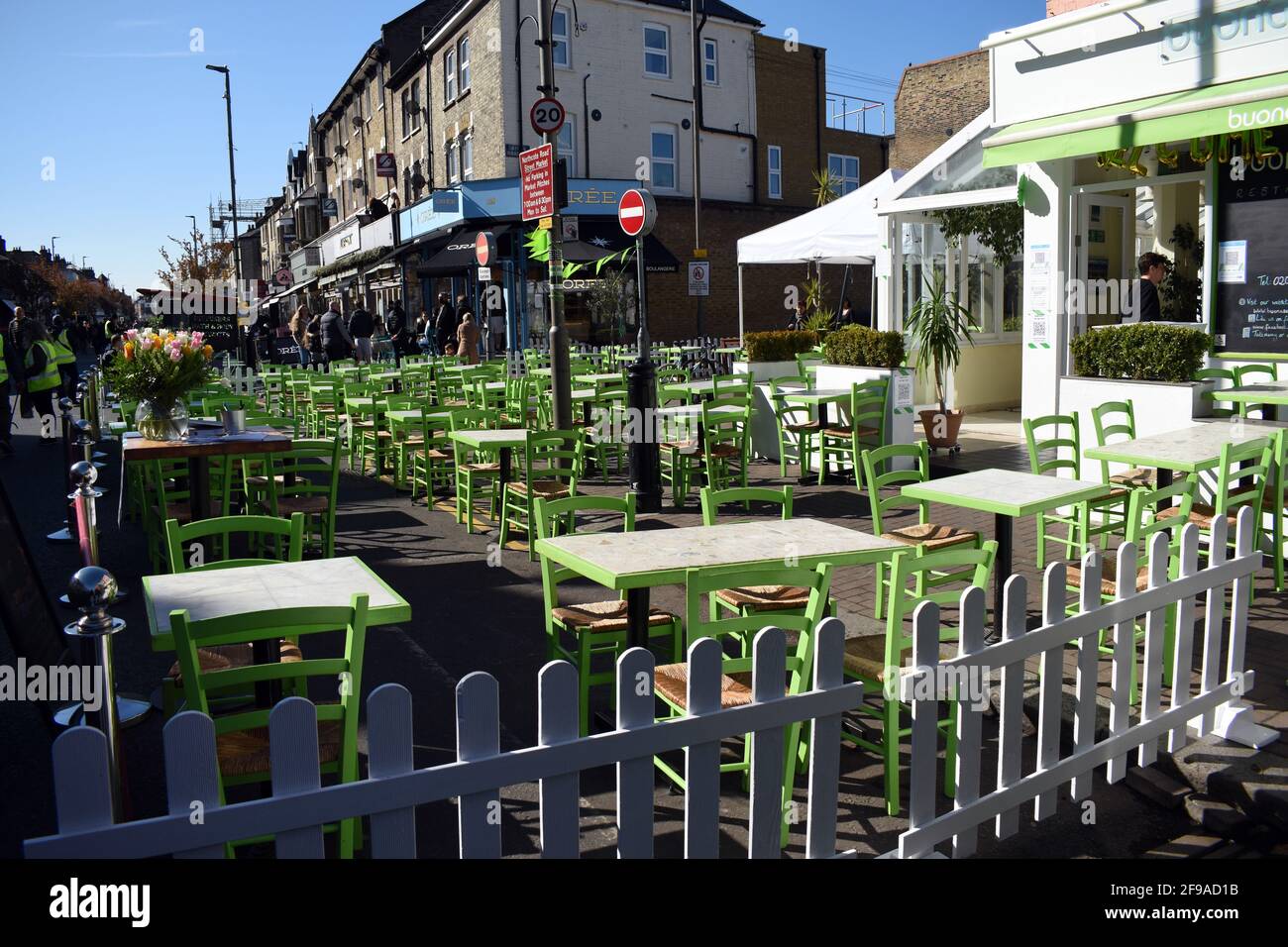 London, UK, 17 April 2021 Northcote road pedestrianised to allow ...