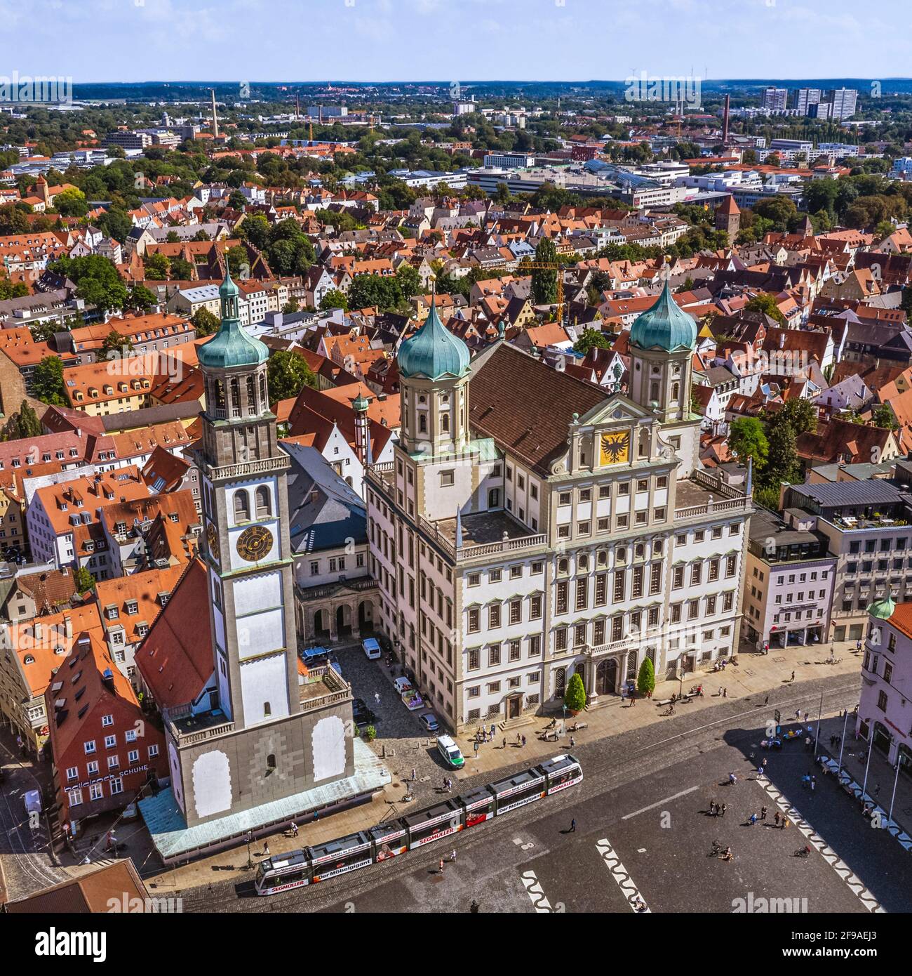 Augsburg - aerial view to Town Hall Square, Perlach Tower and historic ...