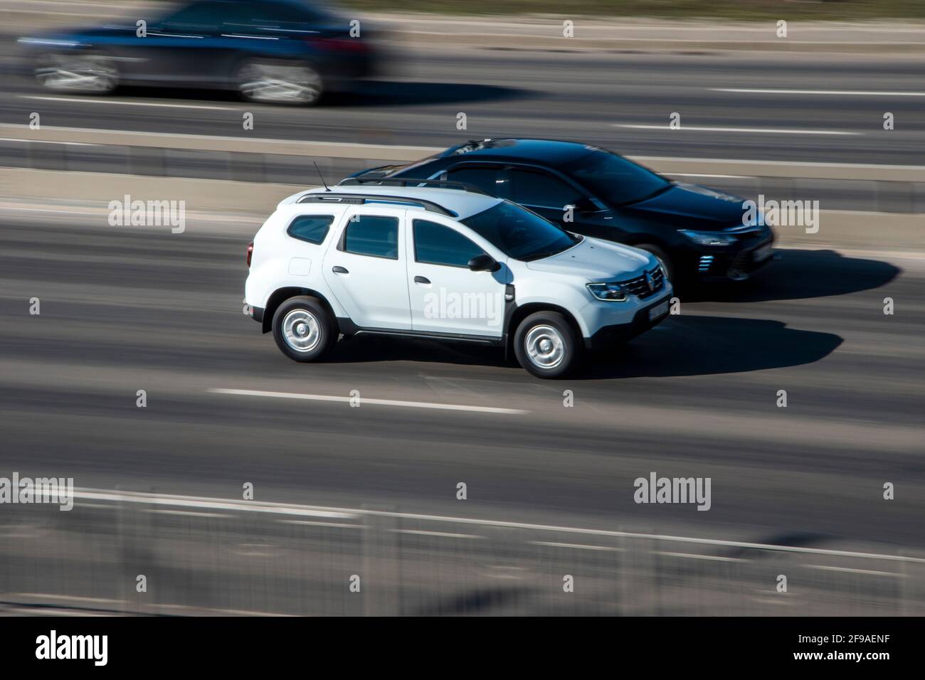 Ukraine, Kyiv - 3 March 2021: White Renault Duster car moving on the ...