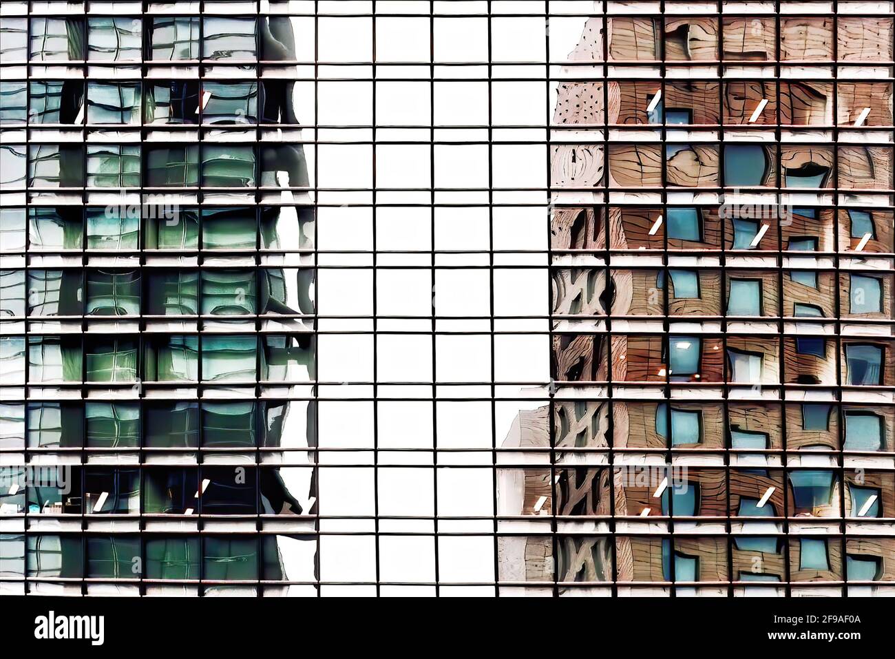Architectural buildings reflected and distorted by a wall of windows ...