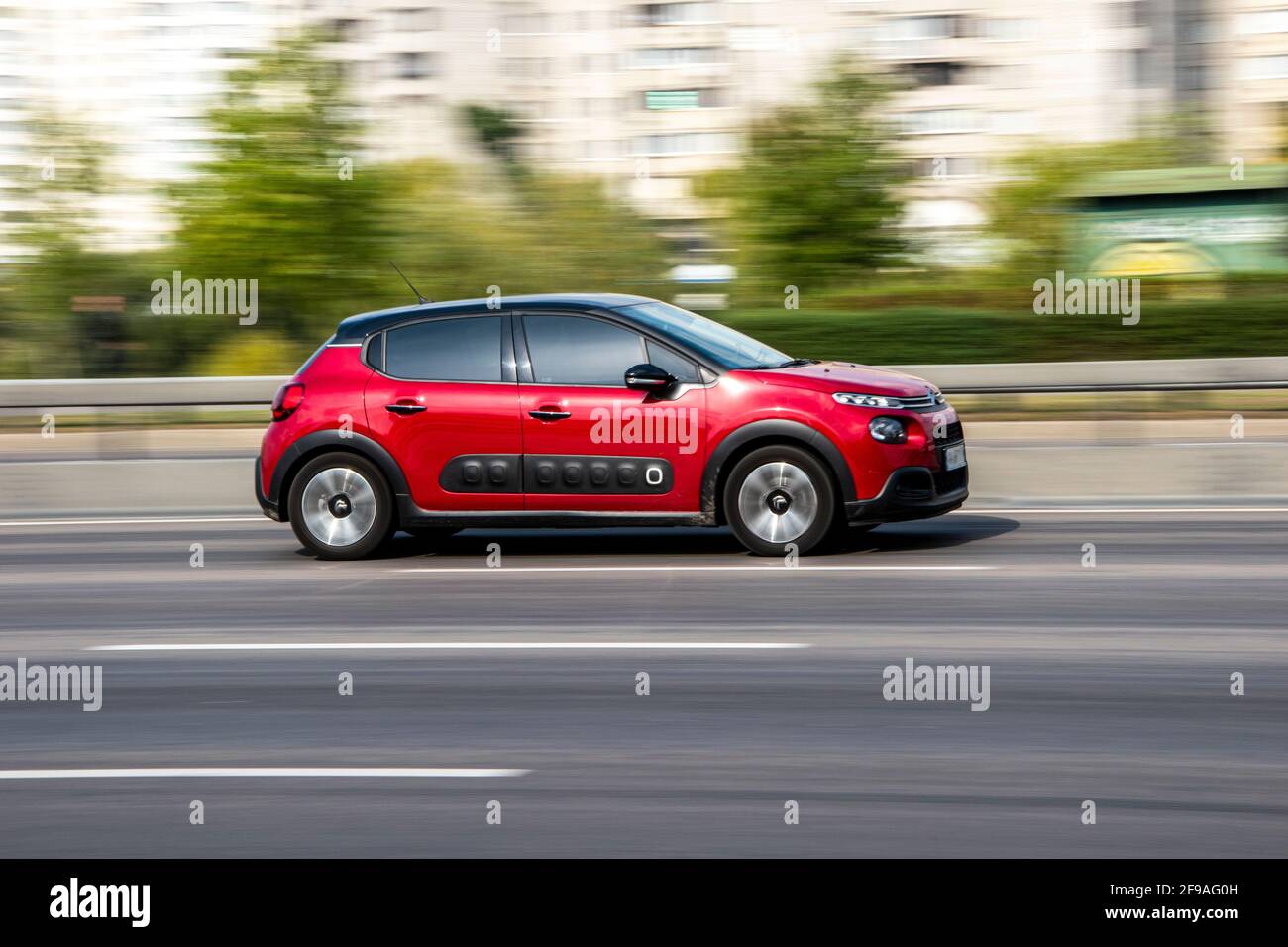 Ukraine, Kyiv - 1 October 2020: Red Citroen C3 car moving on the street ...