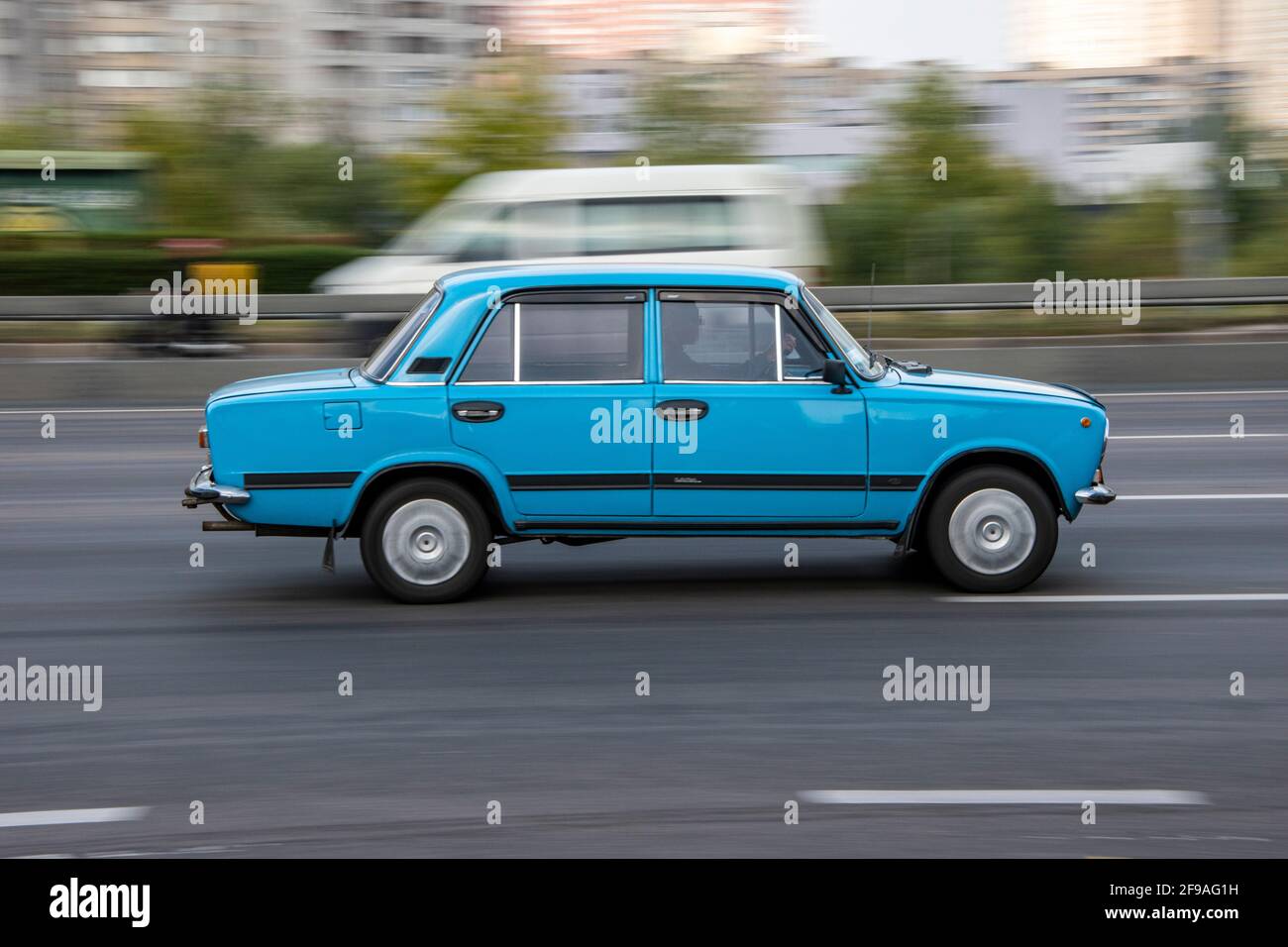 Ukraine, Kyiv - 1 October 2020: Blue Lada USSR old car moving on the ...