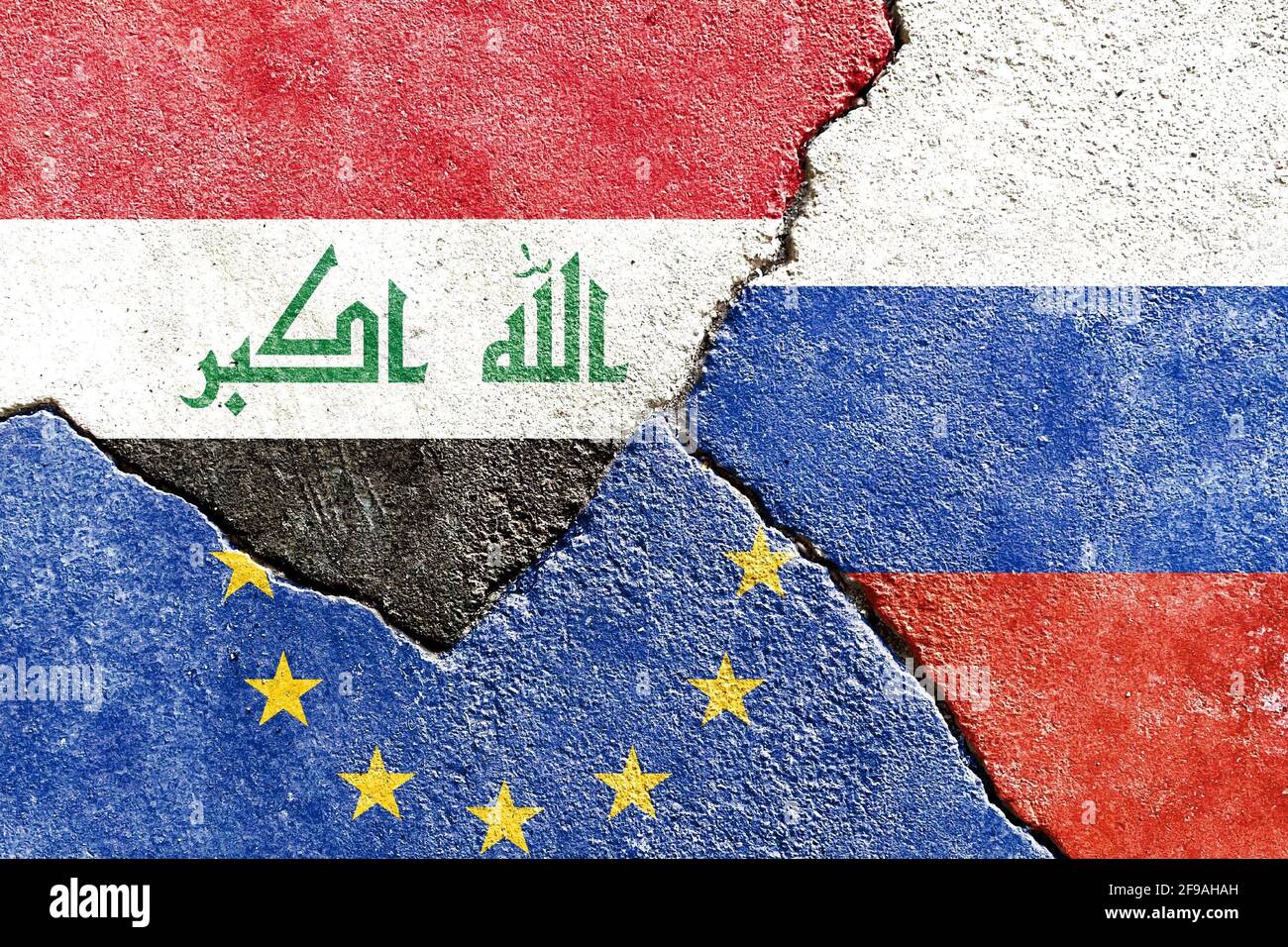 Political conflict concept Iraq VS EU VS Russia, flags on a cracked ...