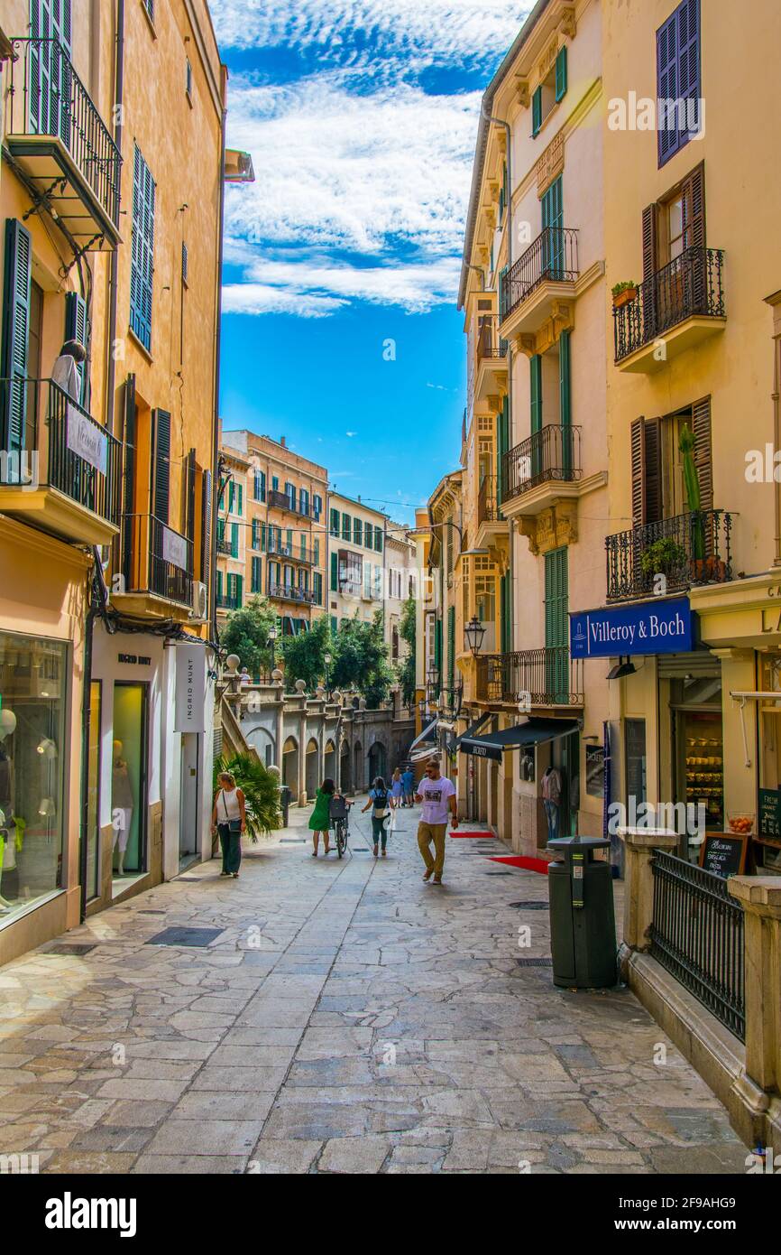 PALMA DE MALLORCA, SPAIN, MAY 18, 2017:View of a narrow street in the ...