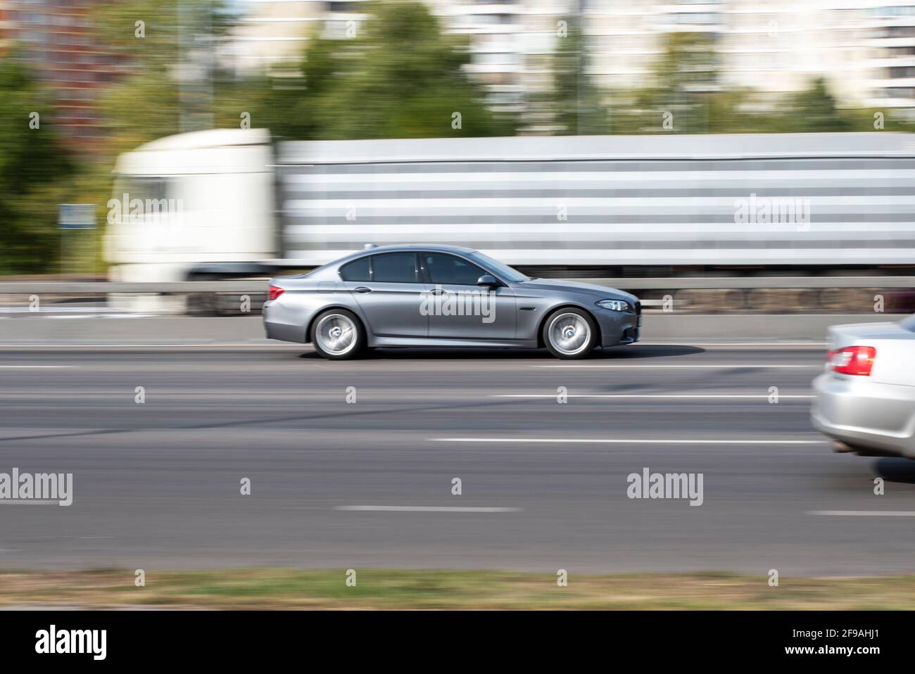 Ukraine, Kyiv - 24 September 2020: Gray BMW 5 Series Sedan car moving ...