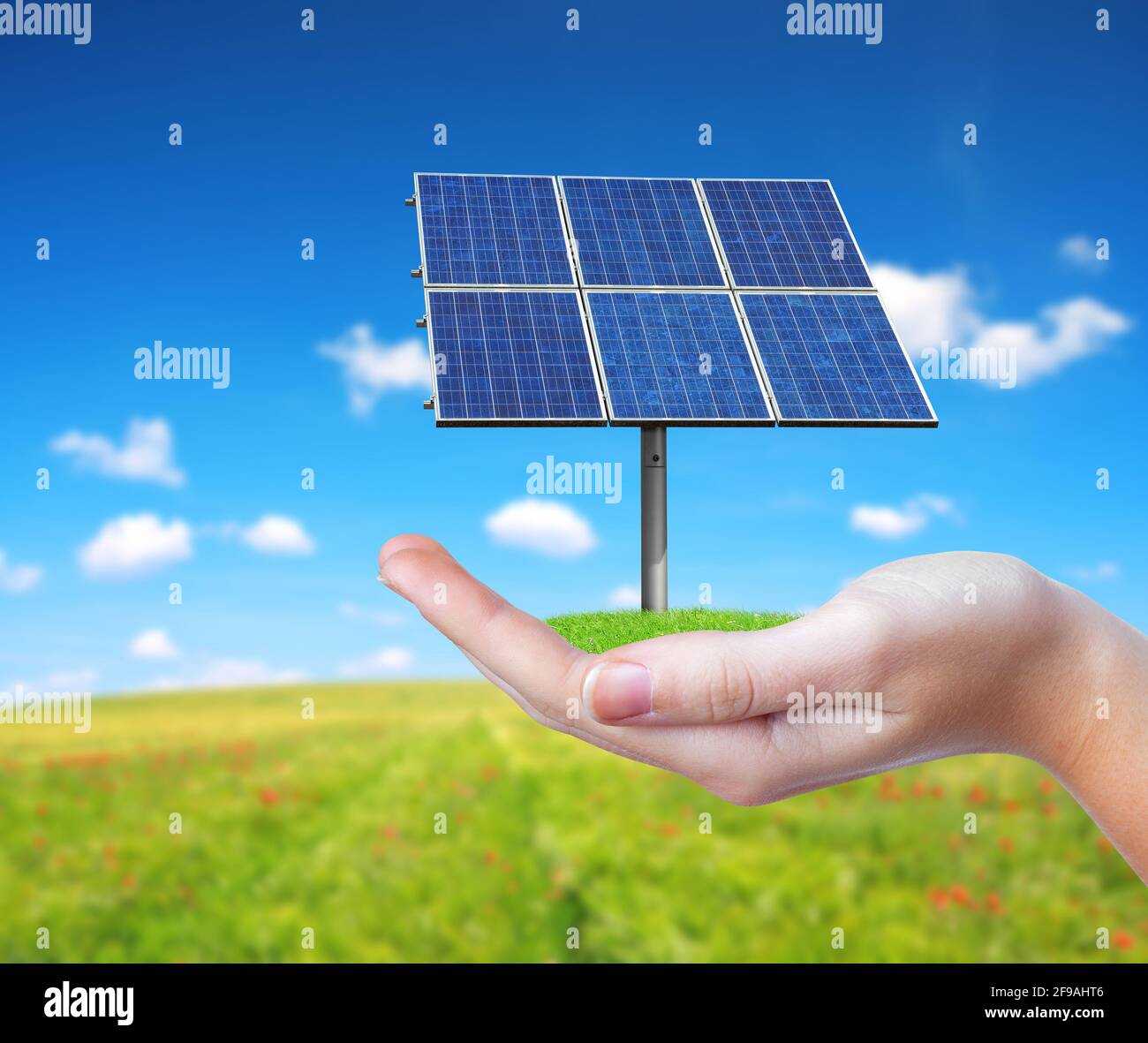 Hand holding solar panel. Photovoltaic panel generate clean energy ...