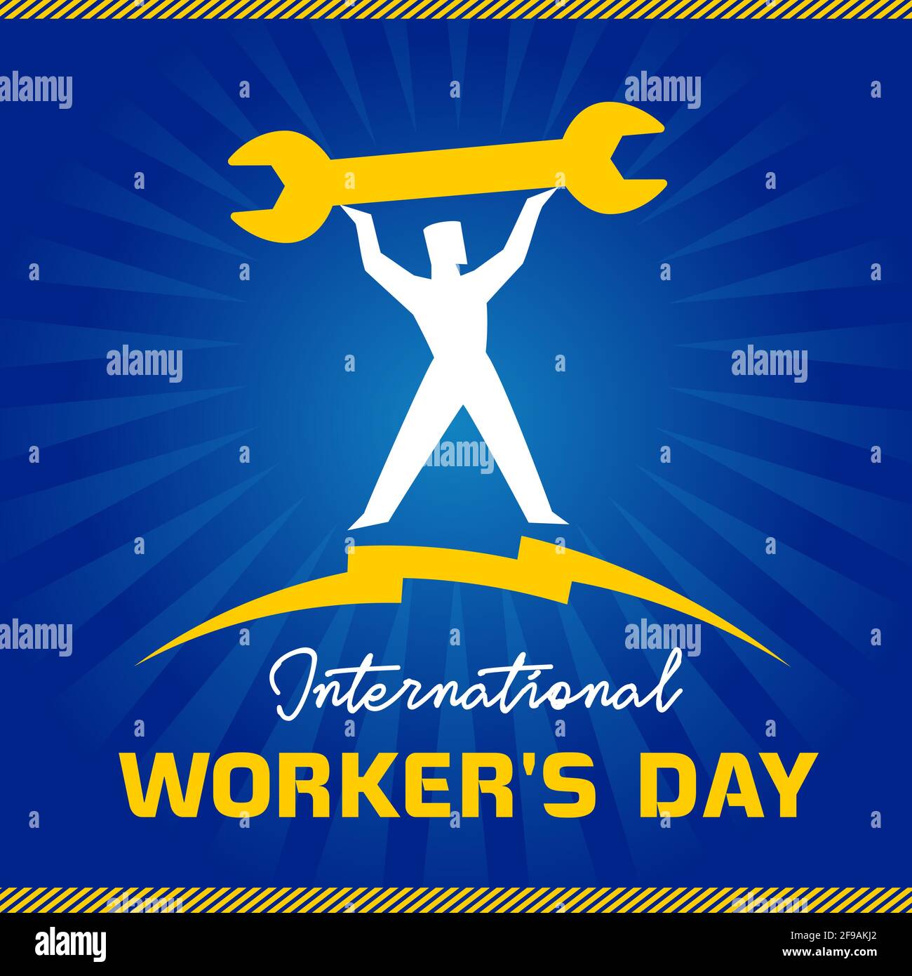 International Worker's Day, with worker man on blue beams. Happy Labor ...