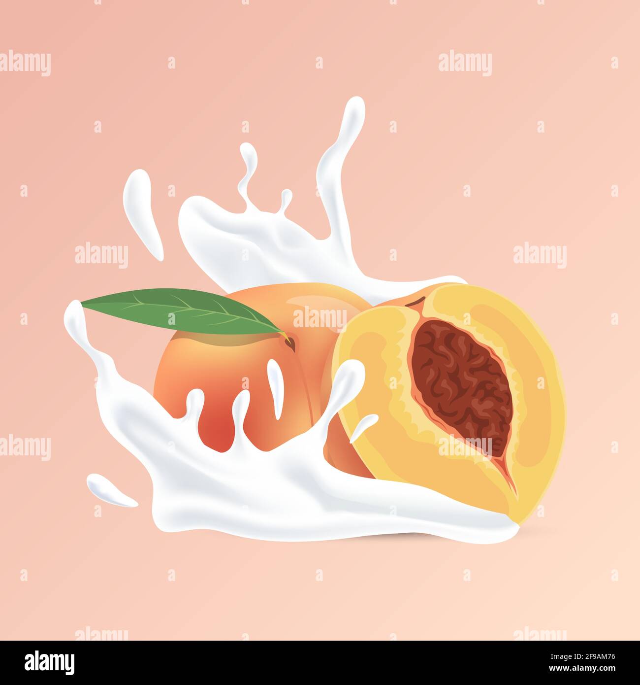 Fresh juicy whole and half sliced peach and splash of white liquid ...