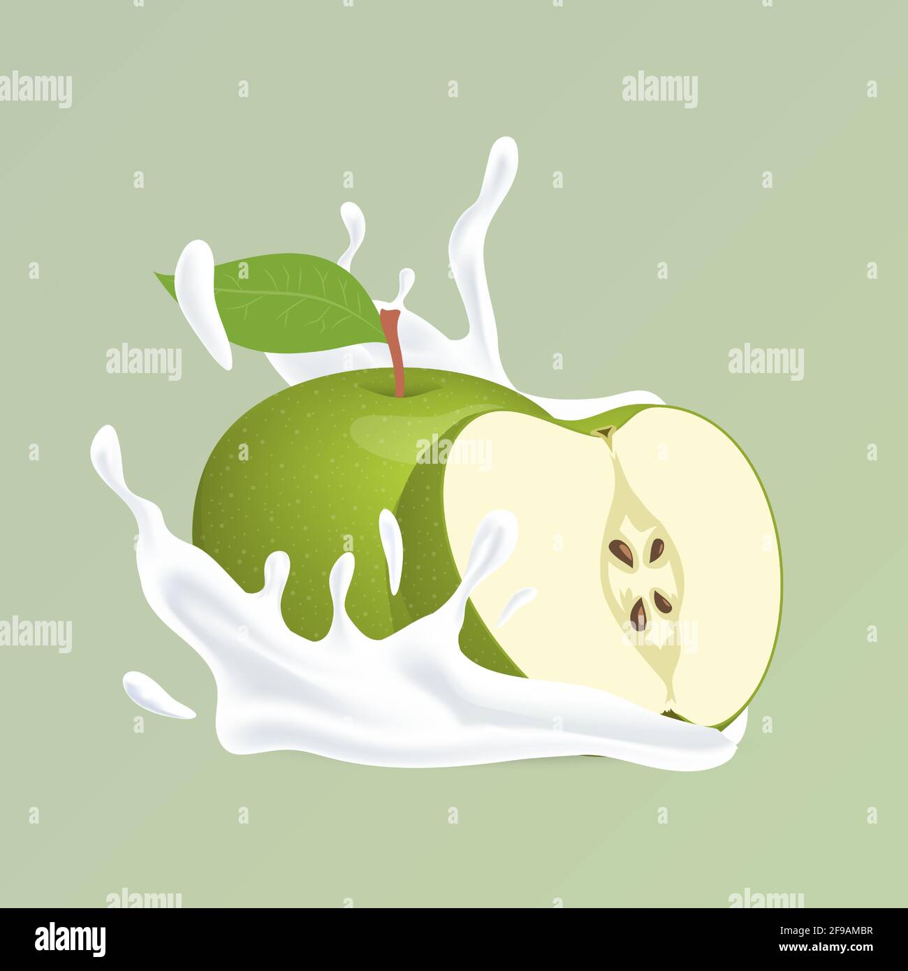 Fresh juicy whole and half sliced apple and splash of white liquid ...