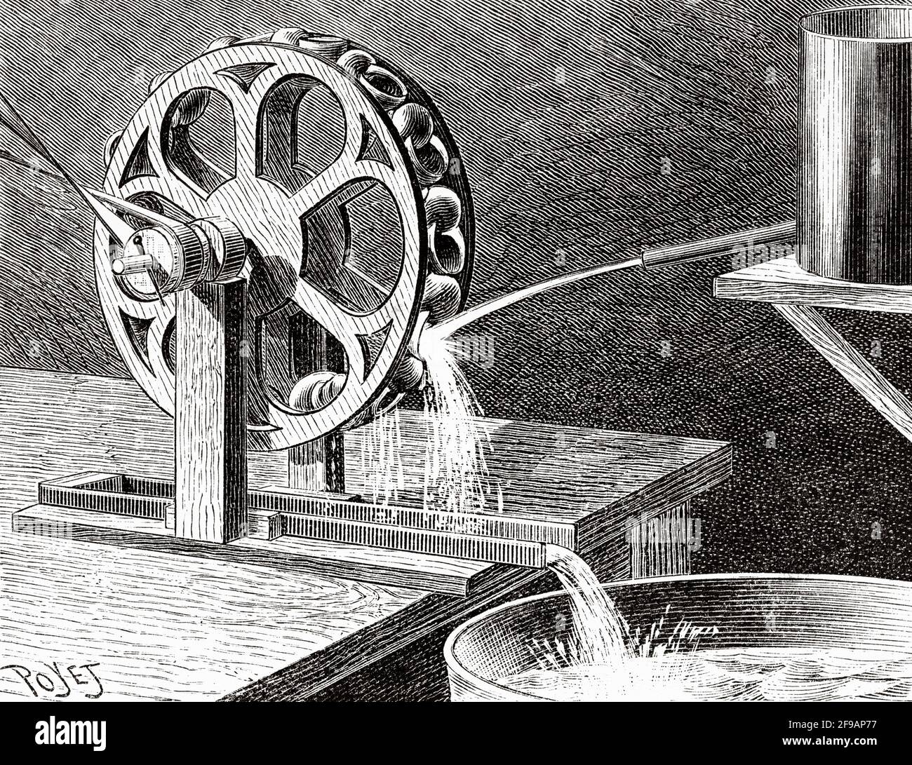 Snail shell water wheel. Old 19th century engraved illustration from La ...