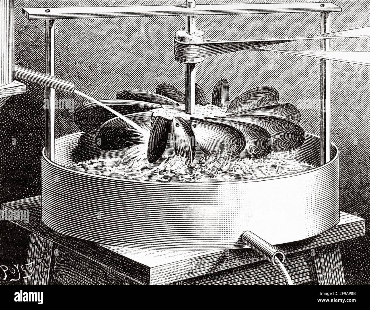 Snail shell water wheel. Old 19th century engraved illustration from La ...