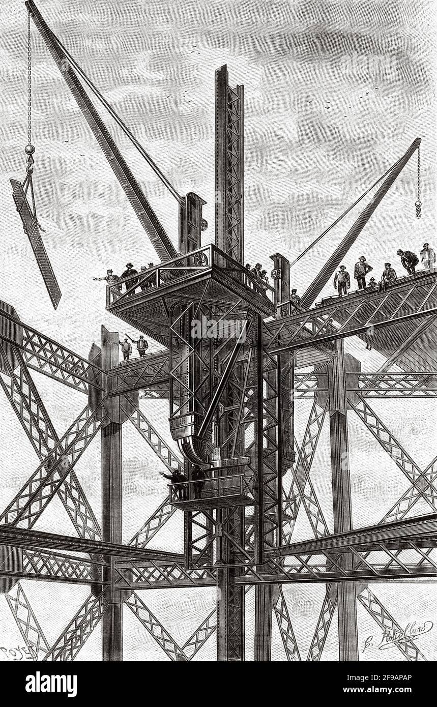 Eiffel Tower Construction. Arrangement of the erection cranes of the ...